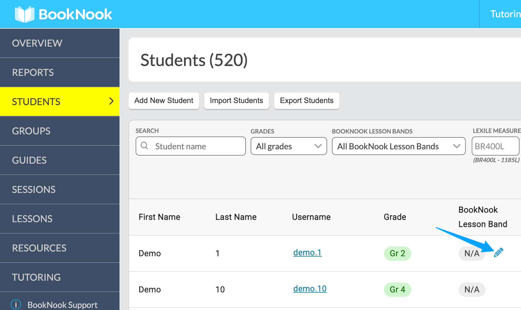 How Do I Change a Student's BookNook Lesson Band?